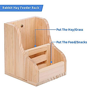 ZARYIEEO Rabbit Hay Feeder, Wooden Grass & Food 2 in 1 Double Use Dispenser, Wood Rack Manger Holder for Bunny Guinea Pig Chinchilla, Less Wasted Indoor Bowl Small Animal Pet-self Feeding Bin