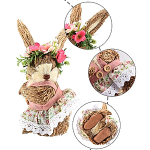 YIREAUD 1 Pcs Easter Straw Rabbit Easter Bunny Figurine Decoration Easter Bunny Statue Artificial Animal Model Sculpture Standing Straw Woven Bunny Ornament for Home Garden Spring Decor