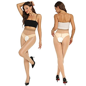 Yilanmy Shiny Sheer Tights Open Crotch pantyhose for Women High Waist shimmery tights Oil Shimmery Nylons 2 Pairs(Natural,L-XL)