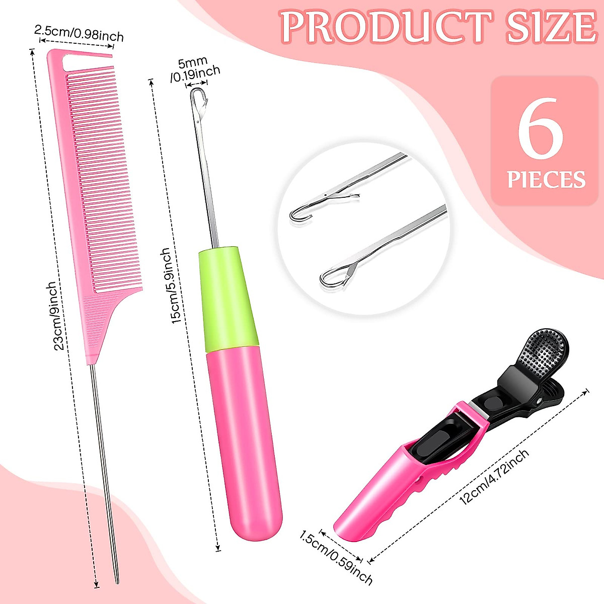 Crochet Hooks Set with Accessories - 6 Hair Needle Hooks, Rat Tail Comb, and 4 Alligator Clips for Hair Braiding, Extensions, and All Ages