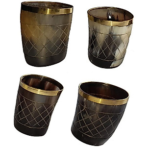 AnNafi® Viking Drinking Horn Glass |Set of 4 pieces Handicrafted Buffalo Horn Glasses | 3 inch Polished With Brass Trim For Ale for Partys |Decorative Handmade Mugs/Glass |Game Of Thrones Collection