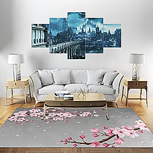 Oueoty Japanese Cherry Blossom Flower on Gray Area Rug Rugs for Living Room Bedroom 5x7ft