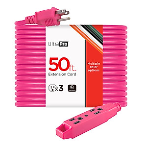 UltraPro 50 Ft Outdoor Extension Cord 3 Outlet Extension Cords Outlet Power Strip Short Extension Cord with Multiple Outlets Grounded Heavy Duty Extension Cord 16 Gauge UL Listed Hot Pink 50816