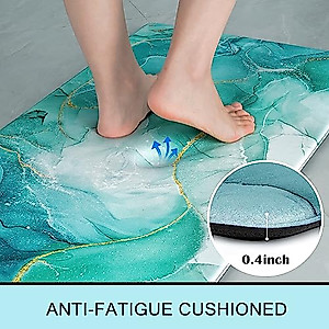 BLEUM CADE 2 PCS Kitchen Rugs and Mats Teal Marble Kitchen Mats for Floor Anti Fatigue PVC Waterproof Leather Runner Rug Non Slip Cushioned Standing Mat for Sink Laundry 17.3''x30''+17.3''x47''