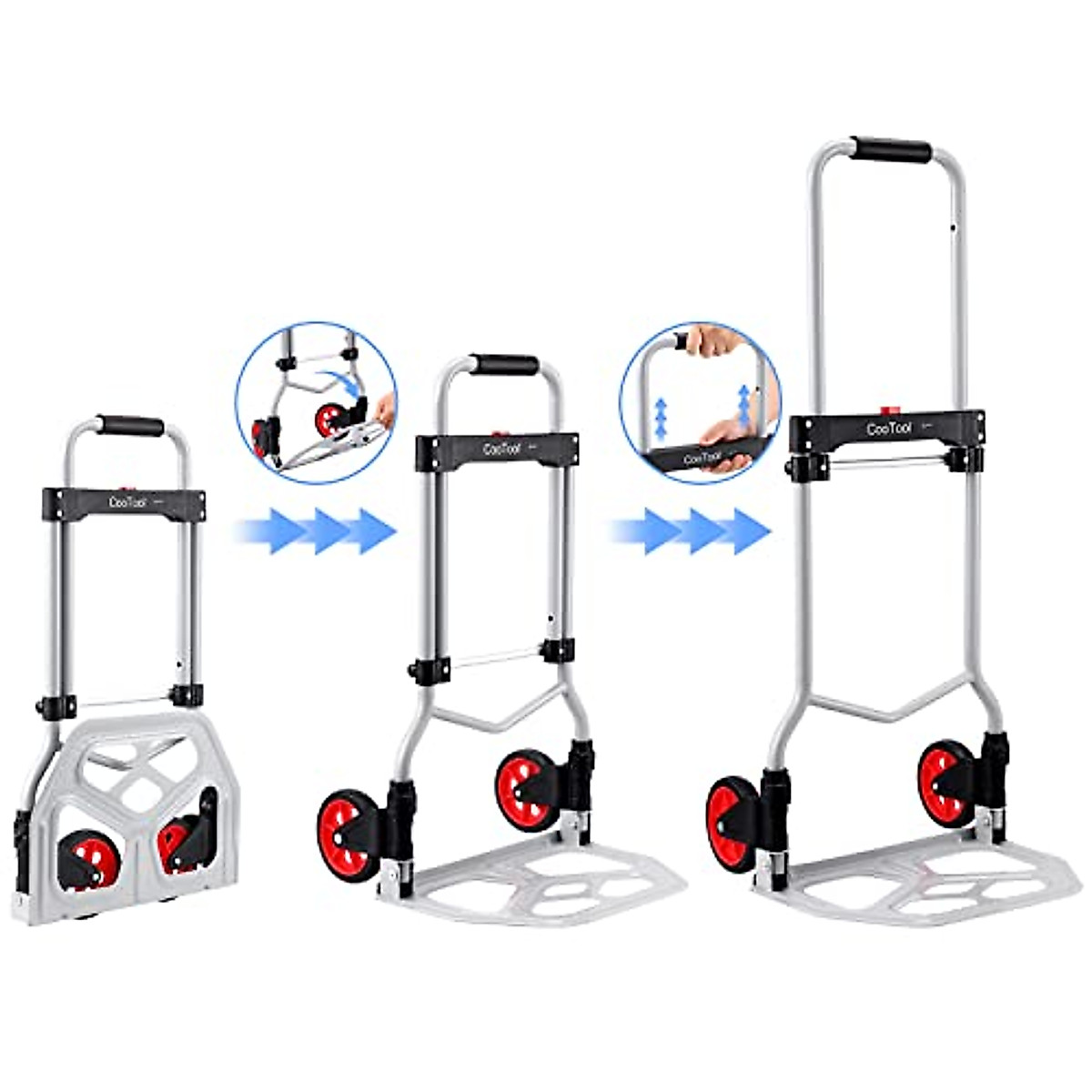 CooTool Folding Hand Truck and Dolly, 265 lb Capacity Aluminum Portable Cart with Telescoping Handle and PP+EVA Wheels