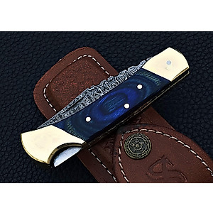 Smart & Sharp Custom Handmade Damascus Steel Folding Knife/Pocket Knife AR-17395 (Blue Colored wood) (blue)