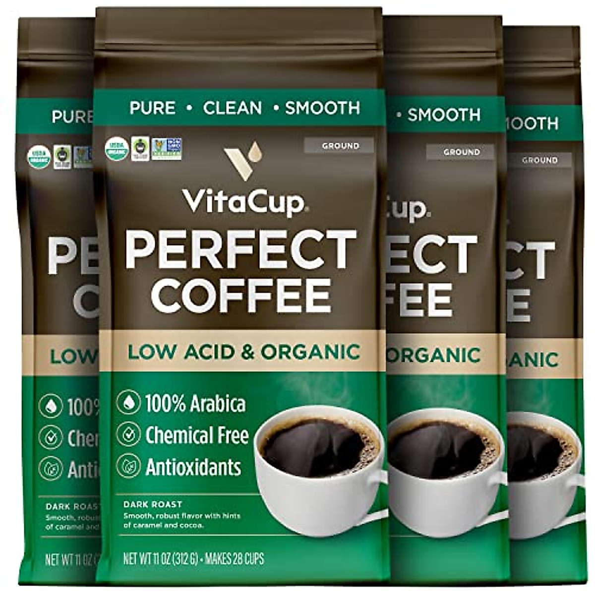 VitaCup Perfect Low Acid Coffee Ground, USDA Organic & Fair Trade, Mycotoxin Free, Dark Roast Guatemala Single Origin, Clean & Pure for Drip Coffee Brewers and French Press, 4 bags, 11oz each