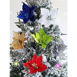 Sucpur 6Pcs Christmas Red Poinsettia Flower, 11 Inch Artificial Glitter Floral Heads Flower Plastic DIY Garden Velvet Decoration Wreath Home Artifical Flowers, White, 210608QY01-5-6-10049-2006202041
