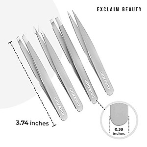 EXCLAIM BEAUTY Tweezers for Women & Men Pack of 4 Stainless Steel Tweezers Set, Precision Tweezers for Eyebrows Splinter Ingrown Hair Removal Tweezers Kit for Women with Leather Case – Silver
