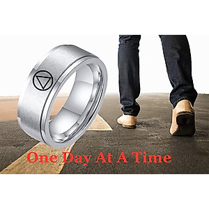 Inspirational One Day At A Time Sobriety Gifts for Women Men Stainless Steel Sober Recovery Anxiety Spinner Bands Ring Necklace Chain Alcoholics Addiction Recovering Jewelry Gift,Size 8,Silver