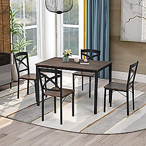 KoiHome 5-Piece Industrial Dining Metal Frame and Wooden Tabletop for 4 People, East-West Furniture Set with Rectangular Table and 4 Ergonomic Chairs for Kitchen,Resturant, Brown