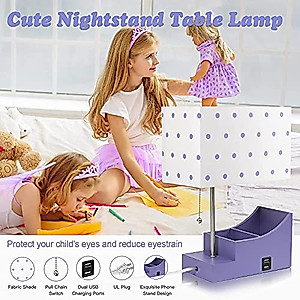 KAYBELE Kids Lamp for Bedrooms, Bedside USB Table Lamps, Purple Nightstand with Storage Base, Small Desk Lamp for Room Decor, Rotatable Lampshade(Without Bulb)