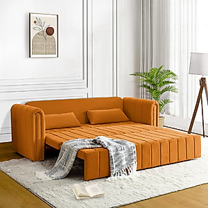 Antetek Oversized Sleeper Sofa w/Pullout Bed, 82-inch Modern Velvet Fabric Deep 3-Seat Couch with Metal Frame, 2 Toss Pillows, Comfy Upholstered Furniture for Living Room, Orange