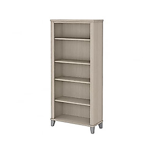 Bush Furniture Somerset 72W 3 Position Sit to Stand L Shaped Desk in Sand Oak & Somerset Tall 5 Shelf Bookcase in Sand Oak
