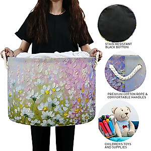 ALAZA Large Storage Basket for Toys Spring Wildflowers White Flowers Round Blanket Basket Baby Laundry Hamper Canvas Organizer Bin Box Cotton Rope Collapsible Bucket Pillow Home Decor