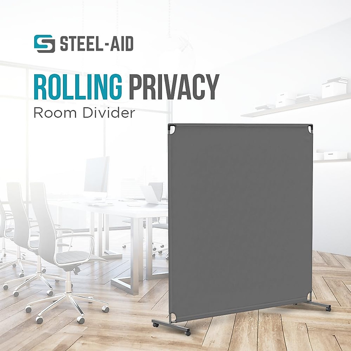 Steel-AID 60-inch Rolling Privacy Room Divider - Freestanding Office Wall Partition with Non See-Through Blackout Screen - Sturdy & Durable Iron Frame - Rolling Wheels - Black, White, Gray & Blue
