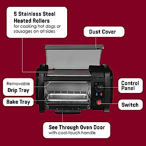 Elite Gourmet EHD-051B Hot Dog Toaster Oven, 30-Min Timer, Stainless Steel Heat Rollers Bake & Crumb Tray, World Series Baseball, 4 Bun Capacity, Black