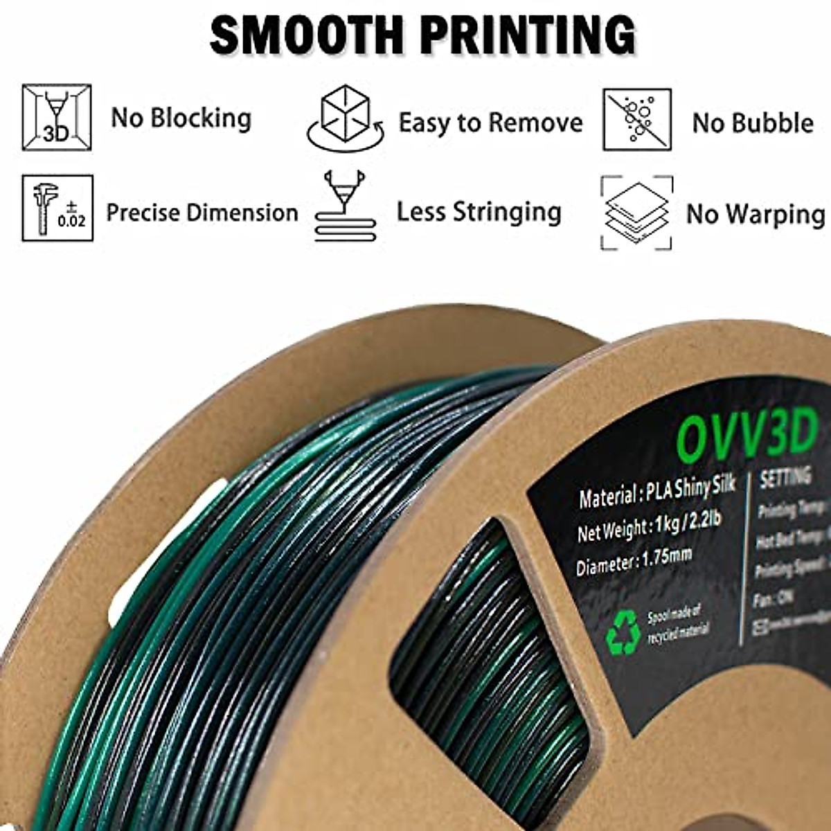 2 Pack PLA Filament 1.75mm, 3D Printer Filament Silk Black Purple with Silk Black Green Color Changing, Silk PLA Filament, 2kg