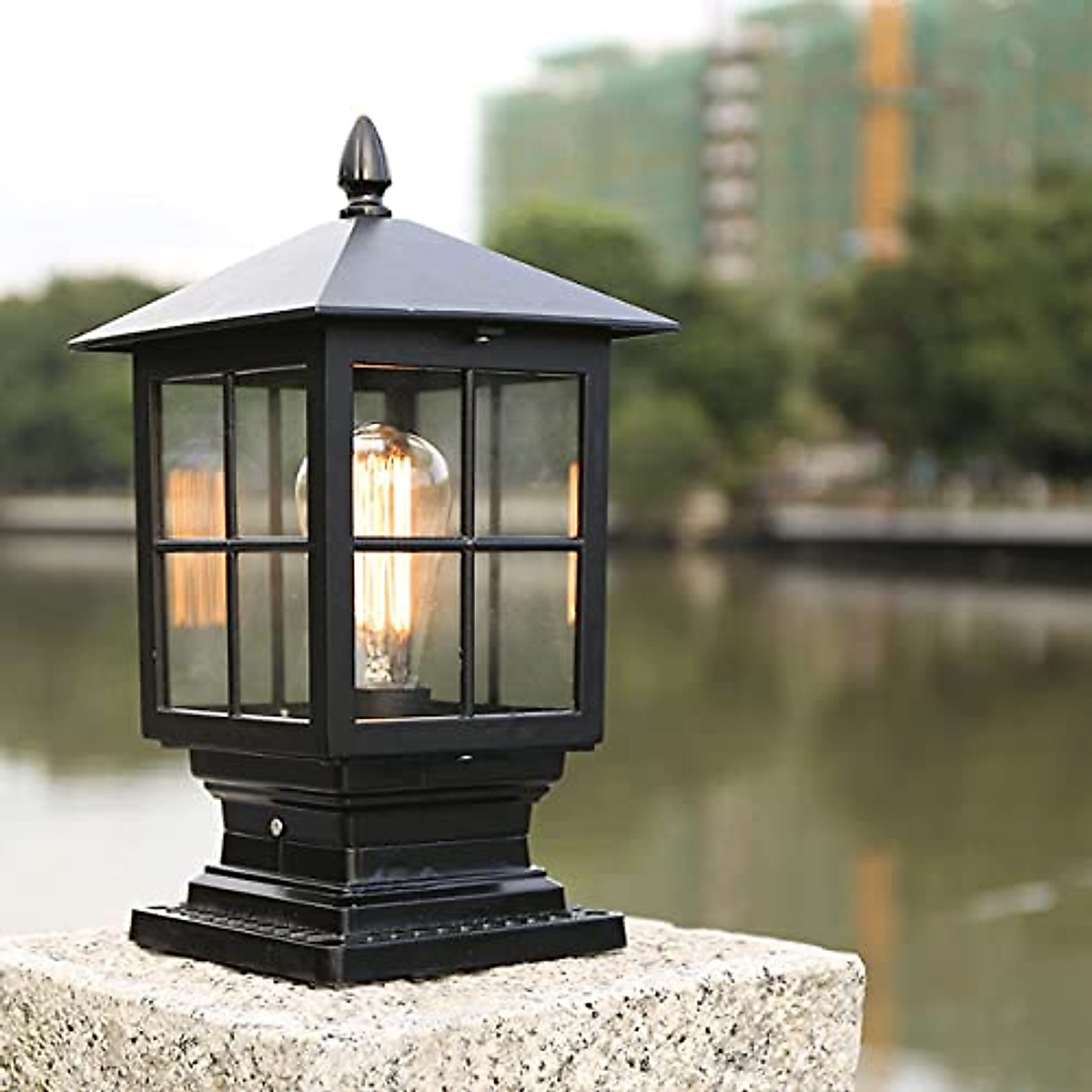 JSBDPHW European Style E27 Column Light Aluminum Pillar Lamp Outdoor Patio Fence Post Light Waterproof IP55 Glass Lampshade Villa Gate Base Landscape Light