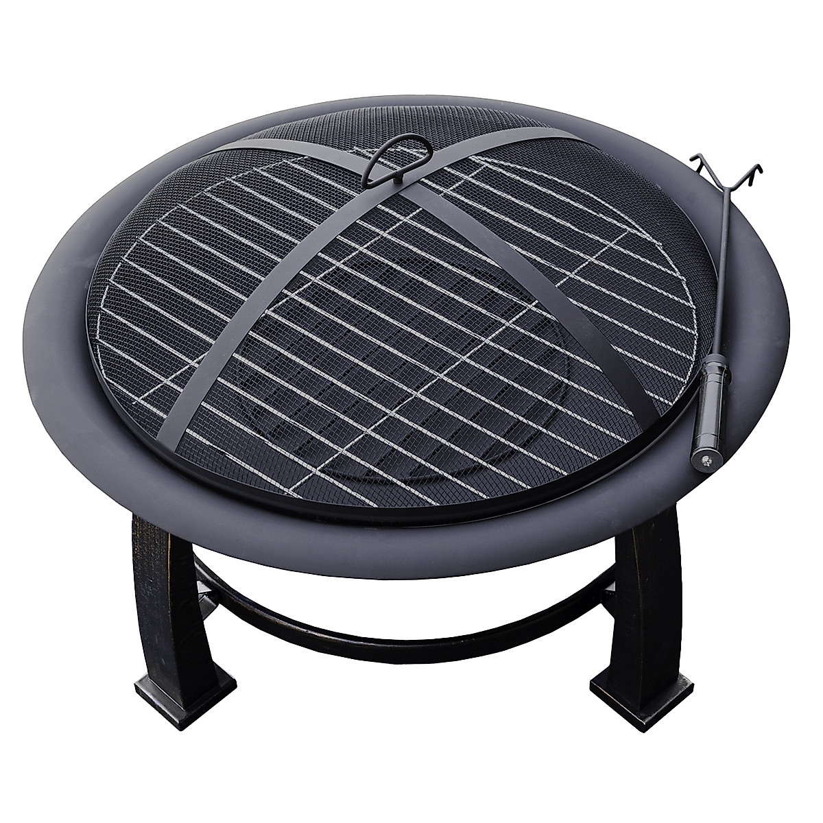 Hiland F FT-235 Wood Burning Fire Pit w/Cooking Grate and Domed Mesh, 30", Black