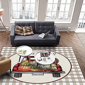 Indoor Area Rugs Thanksgiving Turkey Truck Pumpkin Non-Slip Floor Mats Grey Check Rectangular Carpet Soft Washable Rugs for Living Room/Bedroom/Hallway Home Decor - 2x3 Feet