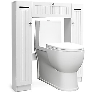 Giantex Over-The-Toilet Storage Cabinet - Freestanding Toilet Organizer with Doors, Adjustable Shelves & Toilet Paper Holders, Versatile Storage Rack Space Saver for Bathroom Laundry Room (White)
