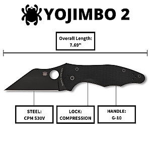 Spyderco Yojimbo 2 Specialty Tactical Knife with 3.2" CPM S30V Steel Black Wharncliffe Blade and Durable Black G-10 Handle - PlainEdge - C85GPBBK2