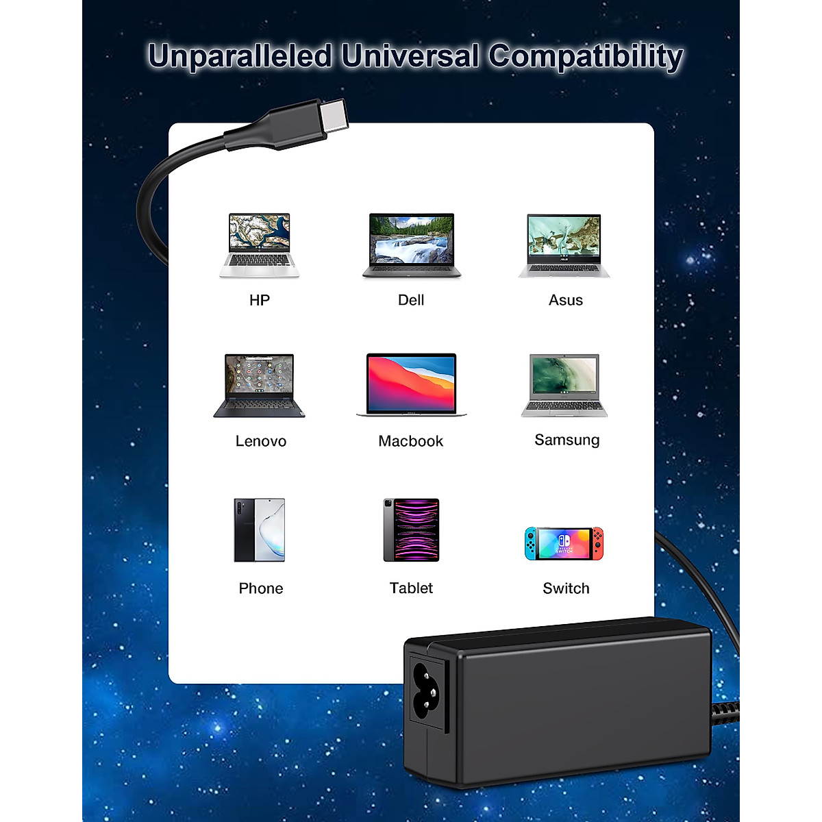 45W USB C Chromebook Charger Replacement Compatible with HP, Dell, Lenovo, Acer, Asus, Samsung, Google Type C Laptop Charger, Hp Chromebook X360 11 13 14 14A HP Spectre X360 13 Elite X2 Power Cord