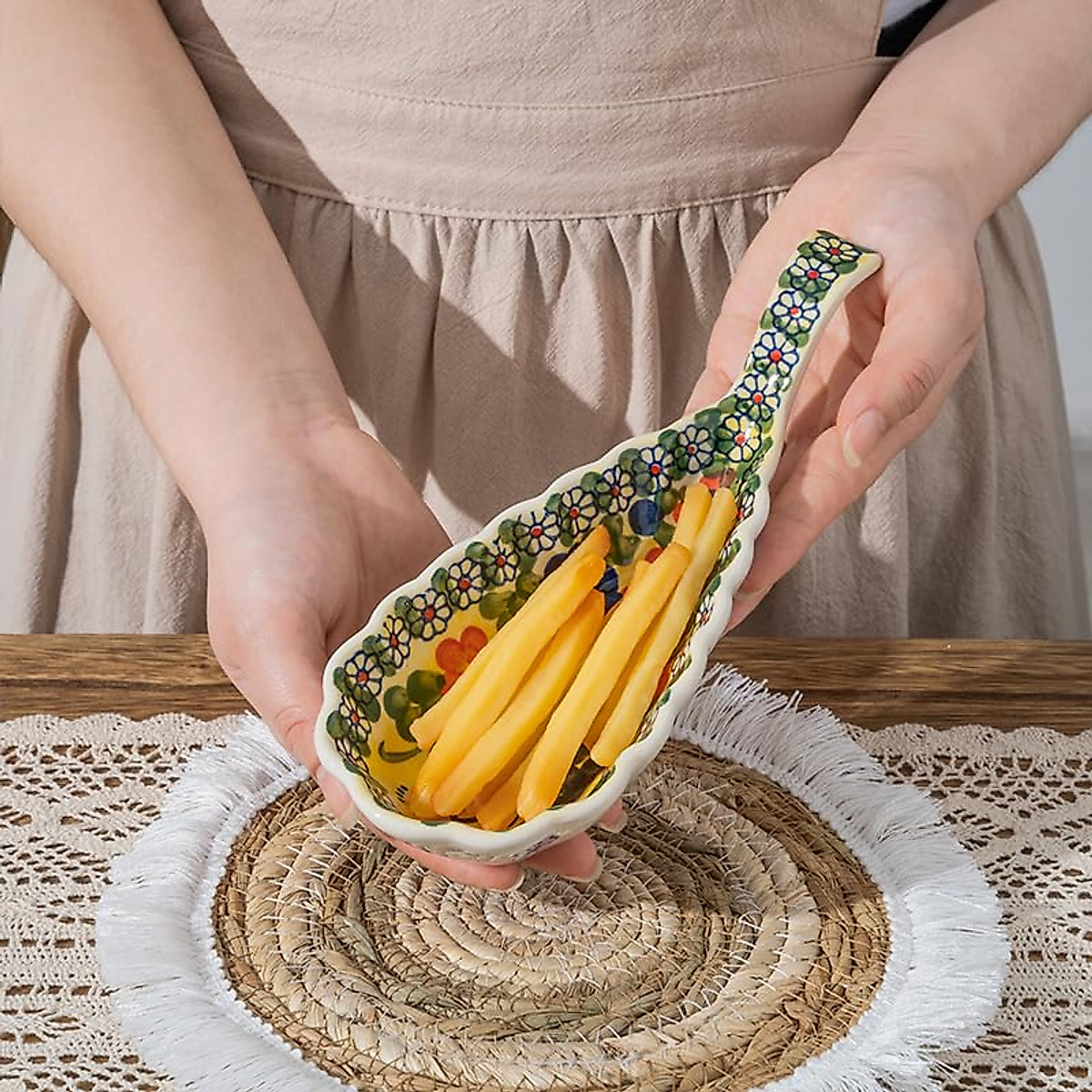 ALMA Hand Painted Blue Spoon Rest For Stove Top in Polish Pottery Style,Handmade Durable Spoon/Ladle Holder, Elegant Side dishes,Dip Bowls For Kitchen Counter, Microwave Oven safe up to 480 F