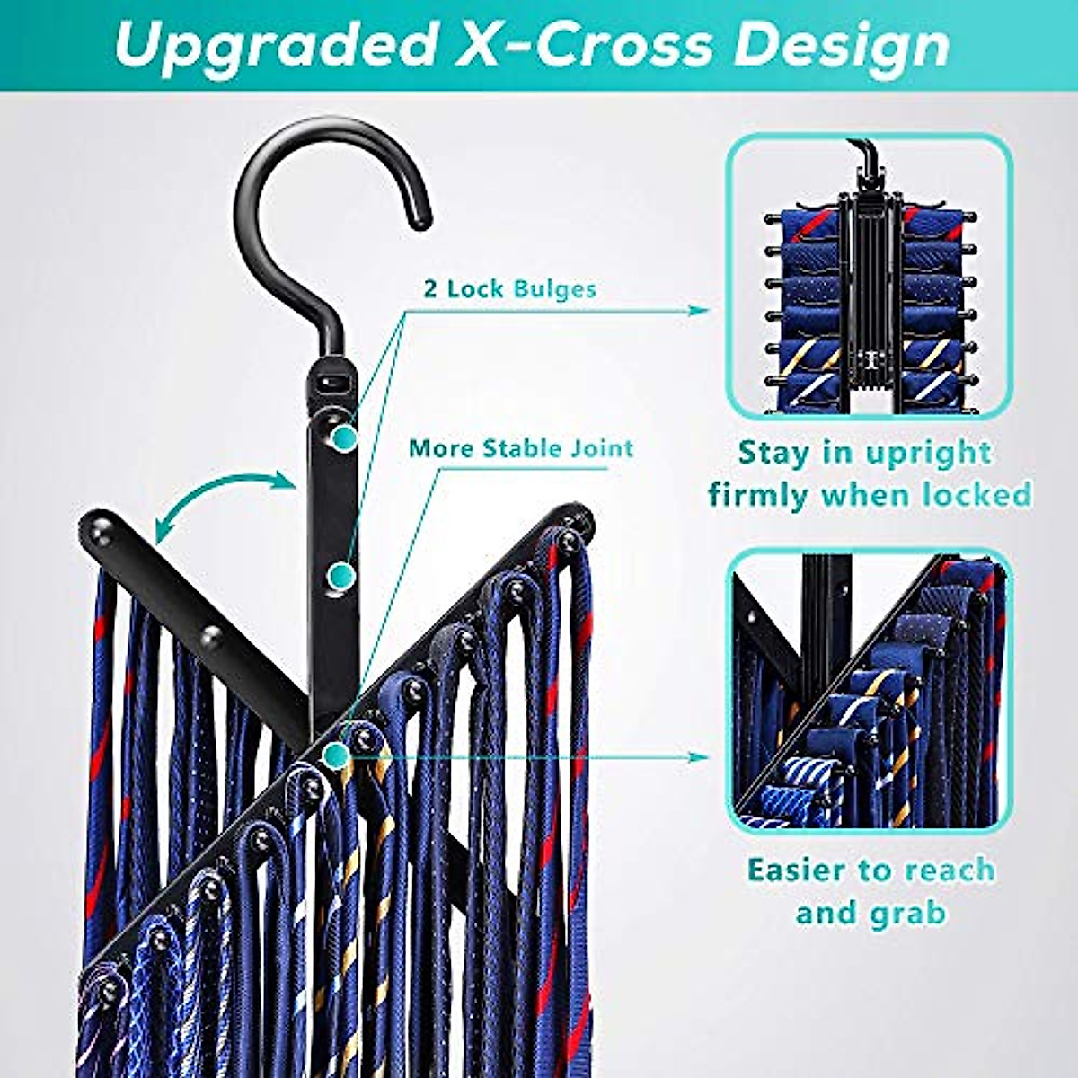 IPOW Upgraded 2 PCS See Everything Cross X 20 Tie Rack Holder,Rotate to Open/Close Tie and Belt Hanger with Non-Slip Clips,360 Degree Swivel Space Saving Organizer
