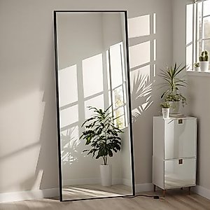 NISHCON Modern Black Full Length Mirror, 64"x21" Rectangular Floor Mirror with Stand, Wall-Mounted or Freestanding, Perfect for Living Room, Bedroom, Entryway