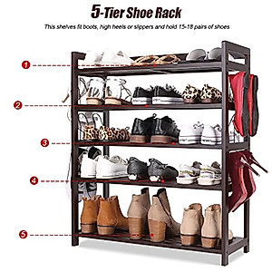 Bamboo Shoe Rack,Sundries Rack Kitchen Shelf 5 Tier Wooden Shoe Shelf Storage Organizer with Additional Hangers,Perfect for Entryway,Hallway, Bathroom Closet or Living Room (Brown)