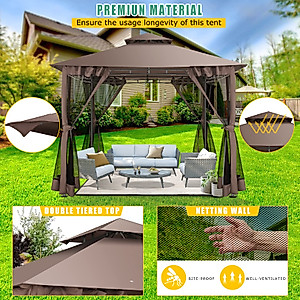 COBIZI 10x10 Gazebos on Clearance, Outdoor Gazebo with Mosquito Netting and Double Roof, Metal Gazebo with Steel Frame, Easy Set Water-Resistant Patio Gazebo for Gardens, Lawns & Backyard, Brown