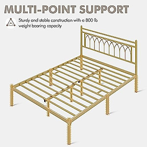 Yaheetech Queen Size Bed Frame Metal Platform Bed with Petal Accented Headboard, Mattress Foundation with Spacious Underbed Storage,No Box Spring Needed, Easy Assembly Queen Bed Frame, Antique Gold