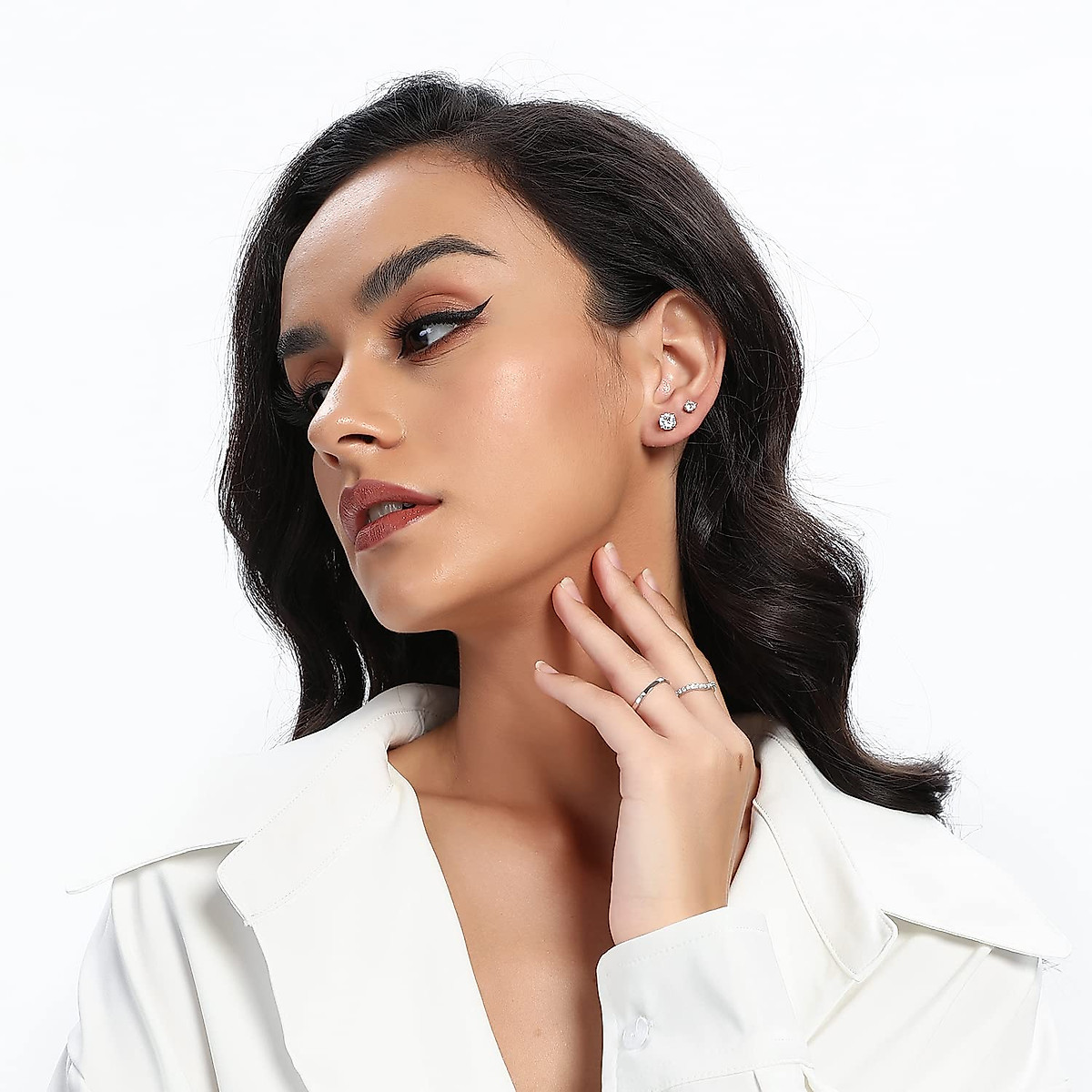 18K Gold Plated 4 Prong Graduated Round Clear Cubic Zirconia Stud Earring Set for Women (5 Pairs) (A-white gold plated)