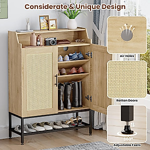7-Tier Shoe Storage Cabinet with Rattan Doors, Shoe Rack Organizer Cabinet with Adjustable Shelves & Buffer Hinge, Freestanding Narrow shoe cabinet storage with Anti-tip Fitting for Entryway, Hallway
