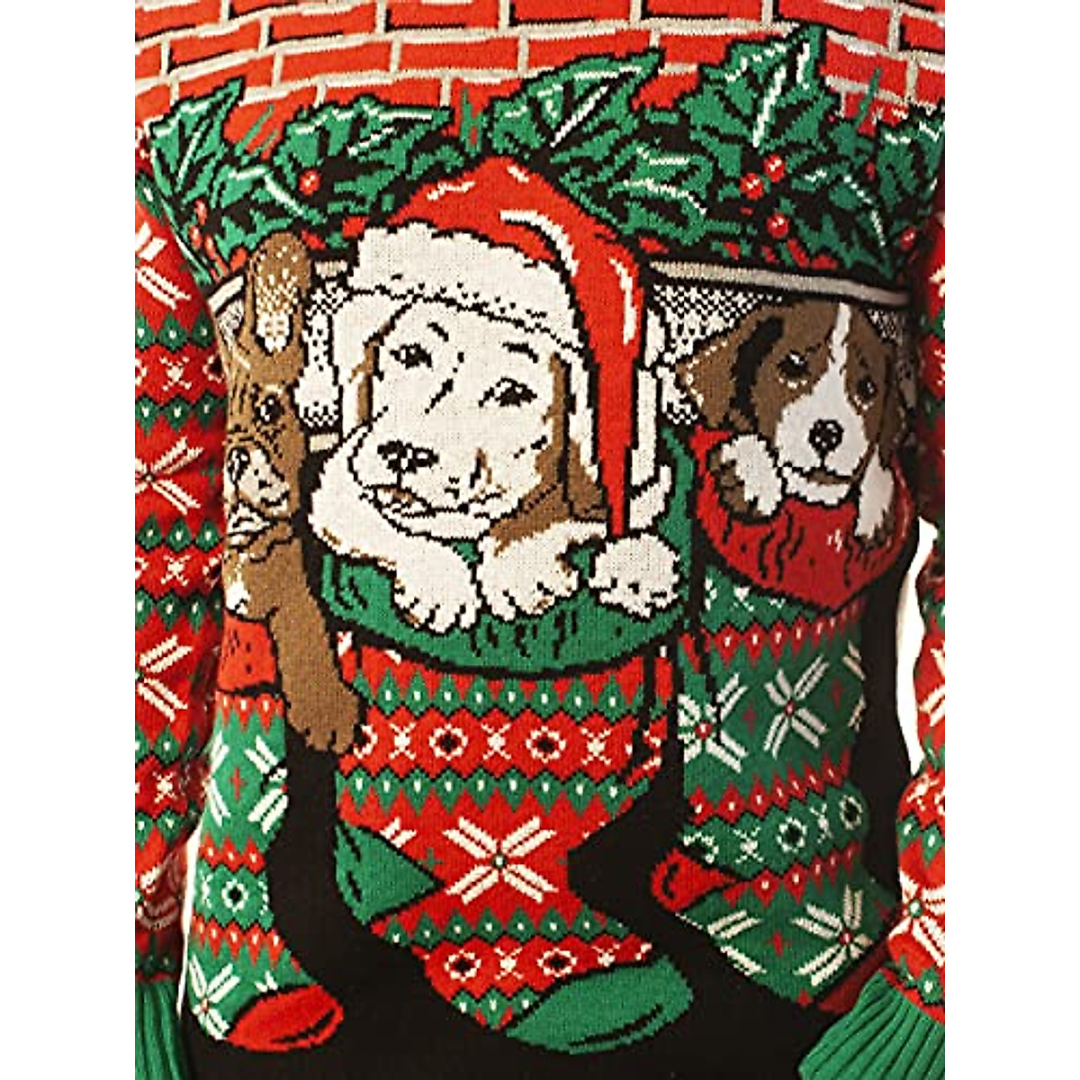 Ugly Christmas Party Sweater Men's- Unisex Dogs/Puppies Stocking Stuffers-Large Puppies in Stocking Red