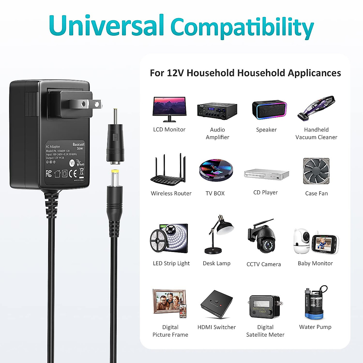 Basicvolt 12V 3A AC/DC Adapter Universal Power Supply with 10 DC Plugs, Regulated 12Volts 3000mA Power Adapter for LED Strip Light, CCTV Camera, BT Speaker, Router, DC12V Transformer