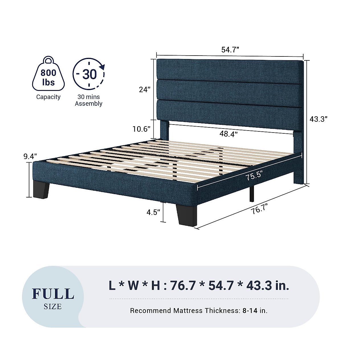 Allewie Full Size Platform Bed Frame with Fabric Upholstered Headboard and Wooden Slats Support, Fully Upholstered Mattress Foundation/No Box Spring Needed/Easy Assembly, Navy Blue