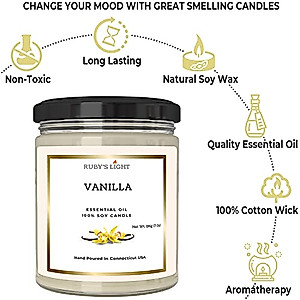 Vanilla Essential Oil Candle | Aromatherapy for The Home | 9 Oz Glass Jar | All-Natural Soy Candles | Cotton Wick | High Scent | 40 Hours Burn Time | Gift for Women & Men (Vanilla)