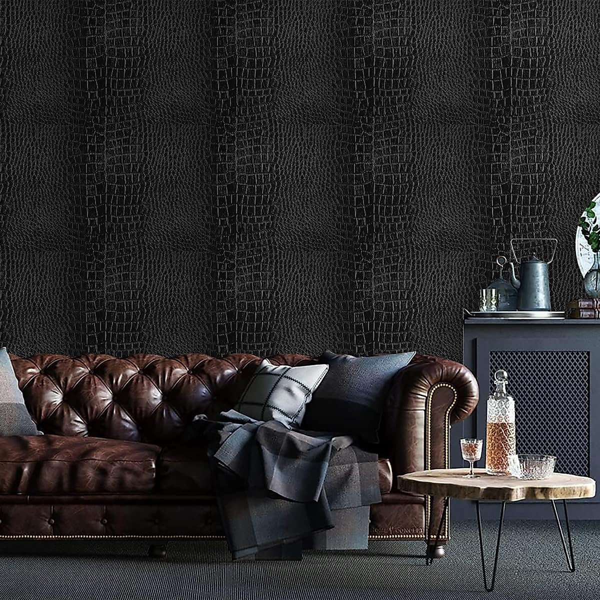 Nukofal Black Wallpaper Peel and Stick Crocodile Wallpaper Black Contact Paper Embossed Wallpaper Textured Wallpaper Peel and Stick Self Adhesive Removable Contact Paper for Walls 15.7inch X 118.1inch