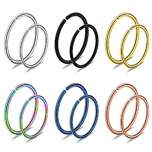 SCERRING 12PCS 22G Stainless Steel Fake Nose Septum Hoop Rings Lip Helix Cartilage Tragus Ear Ring Piercing 8mm 10mm - Mix Color