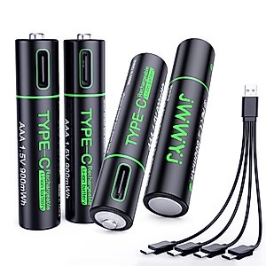 JWWYJ Lithium Rechargeable Batteries - 4Pack Smart Rechargeable AAA Batteries, Lithium Ion 1.5v 900mWh, 600 mAH, Type C Battery Charging Cable, LED Charge Indicator