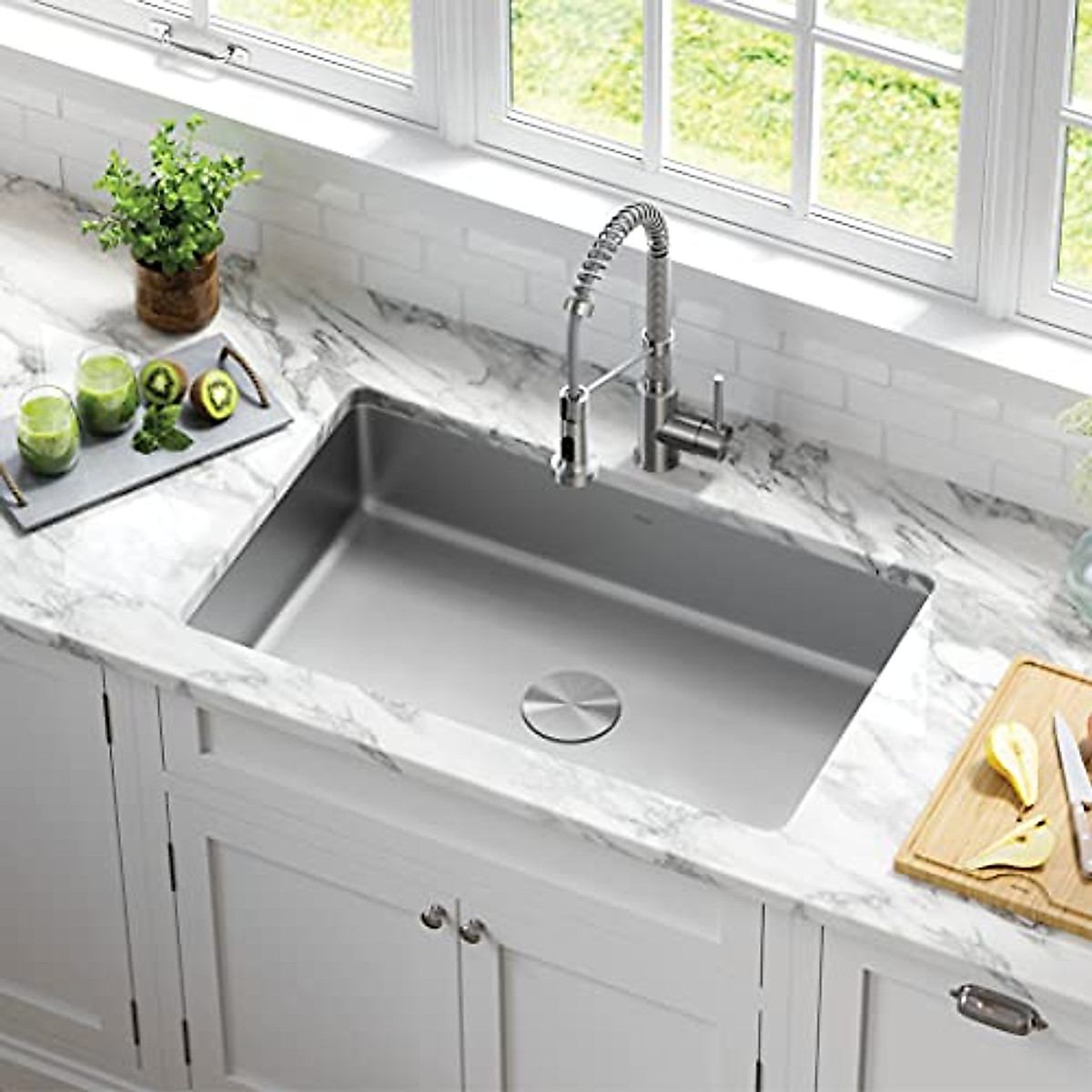 Kraus KCL-1700 Dex 16 Gauge Stainless Steel Single Bowl Sink with Spot Free 18-Inch Commercial Kitchen Faucet with Dual Function Pull-Down Sprayhead in All-Brite