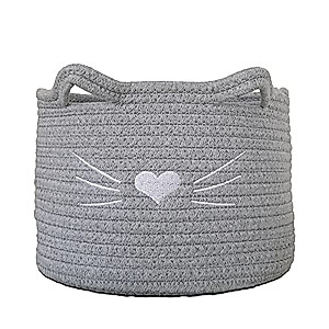 LUSE LIVE Small Woven Basket,Rope Storage Basket with Handle,Cute Cotton Basket for Nursery,Cat Dog Toy Storage Organizer Basket,Storage Bins for Toy Organizer,Grey,10×10×7 inch