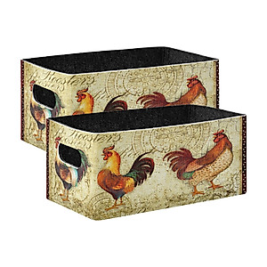 Emelivor Vintage Rooster Storage Basket Bins Set (2pcs) Felt Collapsible Storage Bins with Dual Handles Closet Storage Bins for Kids Toys Pet Toy Books Clothes Closet Cabinet Organise