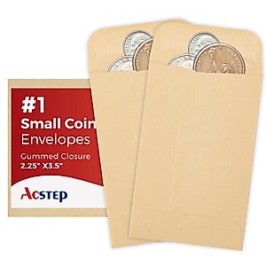 ACSTEP 100 Pack #1 Paper Kraft Seeds Envelopes 2-1/4 X3-1/2, Small Coin Envelope 2x3 For Key, Tip, Seeds Packets, Self Adhesive Water Glummed Mini Tiny Envelopes
