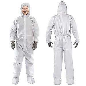 AMZ Medical Supply Disposable Coveralls for Men & Women Large. 5 Pack of 60 GSM Microporous White Hazmat Suits Disposable. Disposable Hazmat Suit with Hood, Boots, Elastic Wrist, Lower Back, Zipper