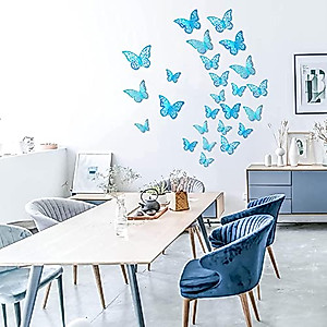 JANESOTO 72 Pcs 3D Butterfly Wall Decor, Blue Butterfly Wall Decals 3 Sizes 3 Styles, Metallic Wall Stickers for Girls Bedroom Nursery Classroom Cake Wedding Party Decoration DIY Gift