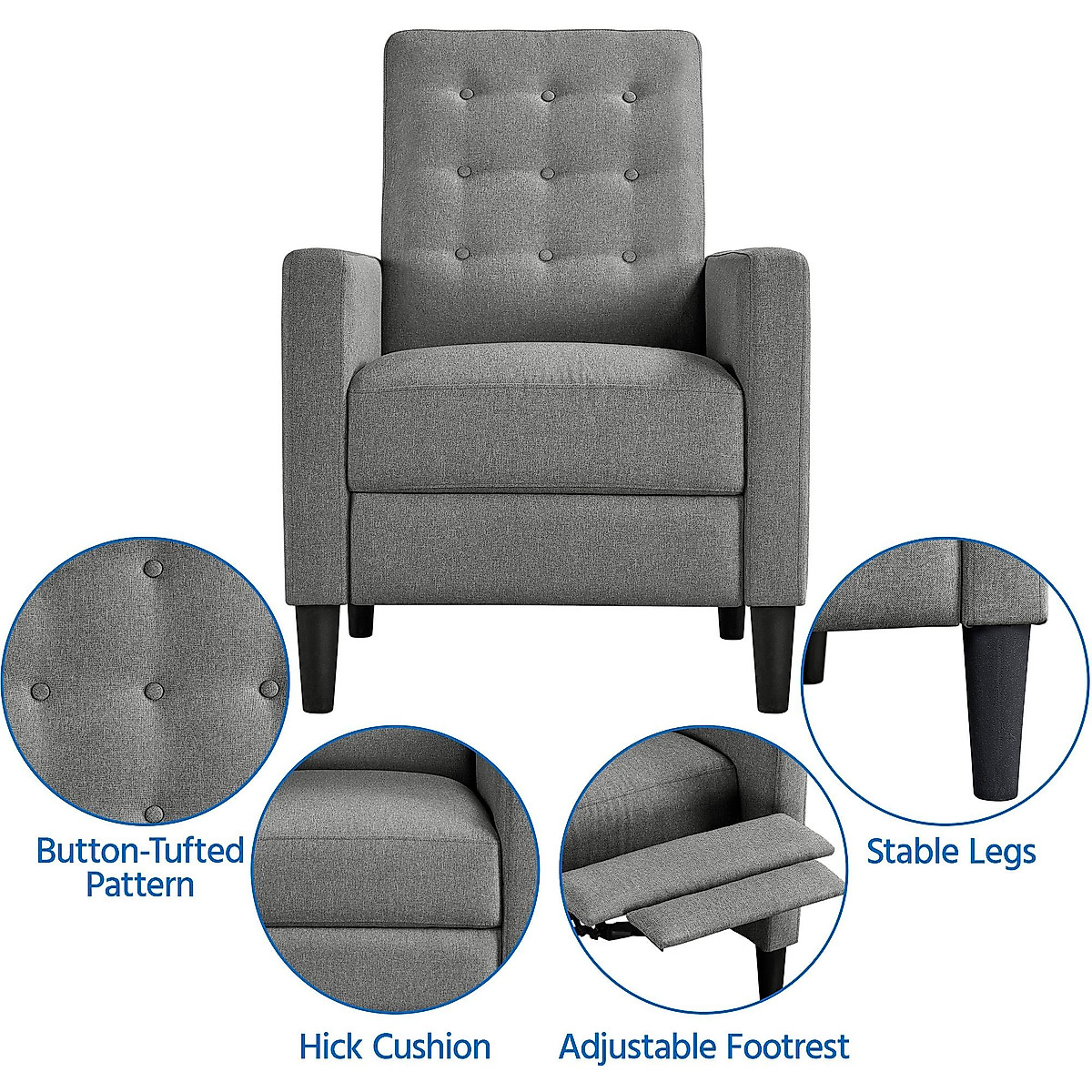 Yaheetech Fabric Recliner Chair Mid-Century Modern Recliner Adjustable Single Recliner Sofa with Thicker Seat Cushion Tufted Upholstered Sofa with Pocket Spring for Living Room Bedroom Gray